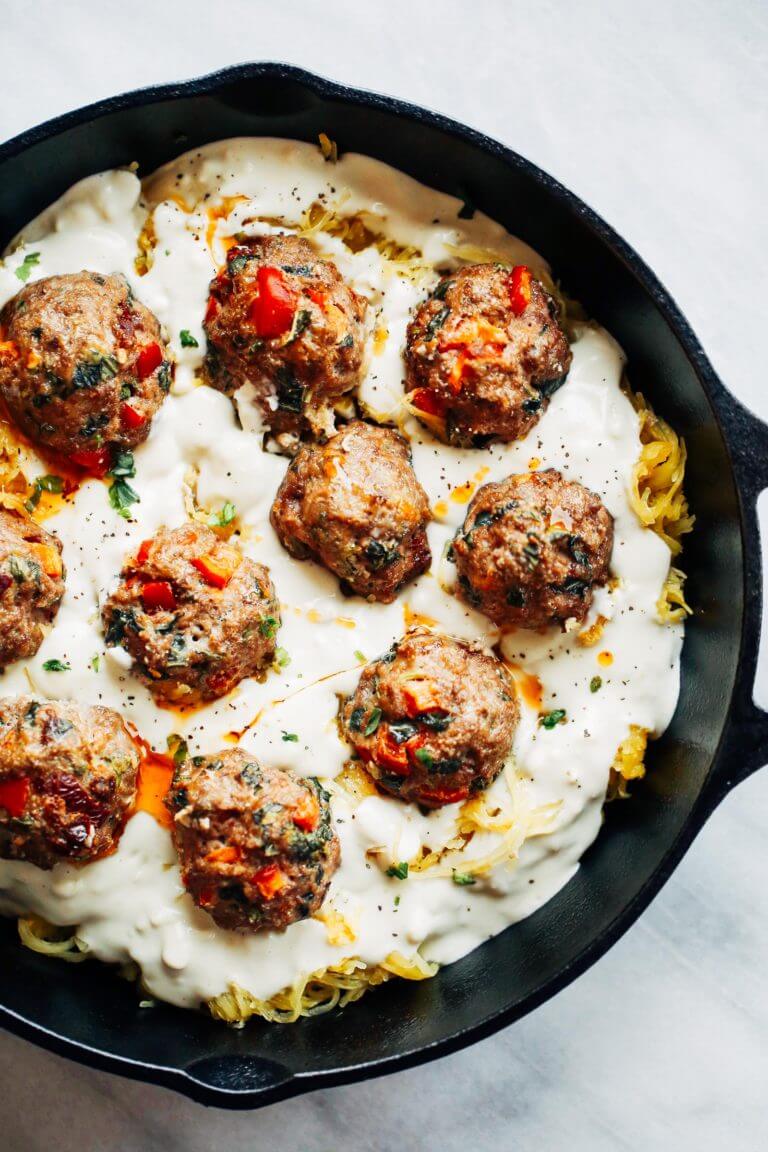 Paleo Spaghetti Squash Italian Meatball Alfredo - Paleo Gluten Free