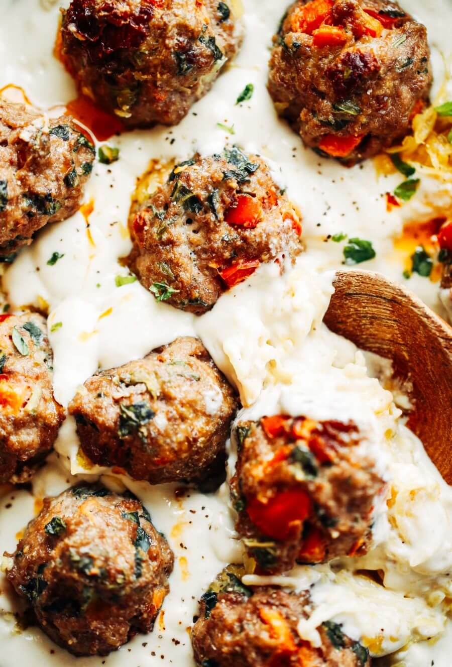 Paleo Spaghetti Squash Italian Meatball Alfredo - Paleo Gluten Free