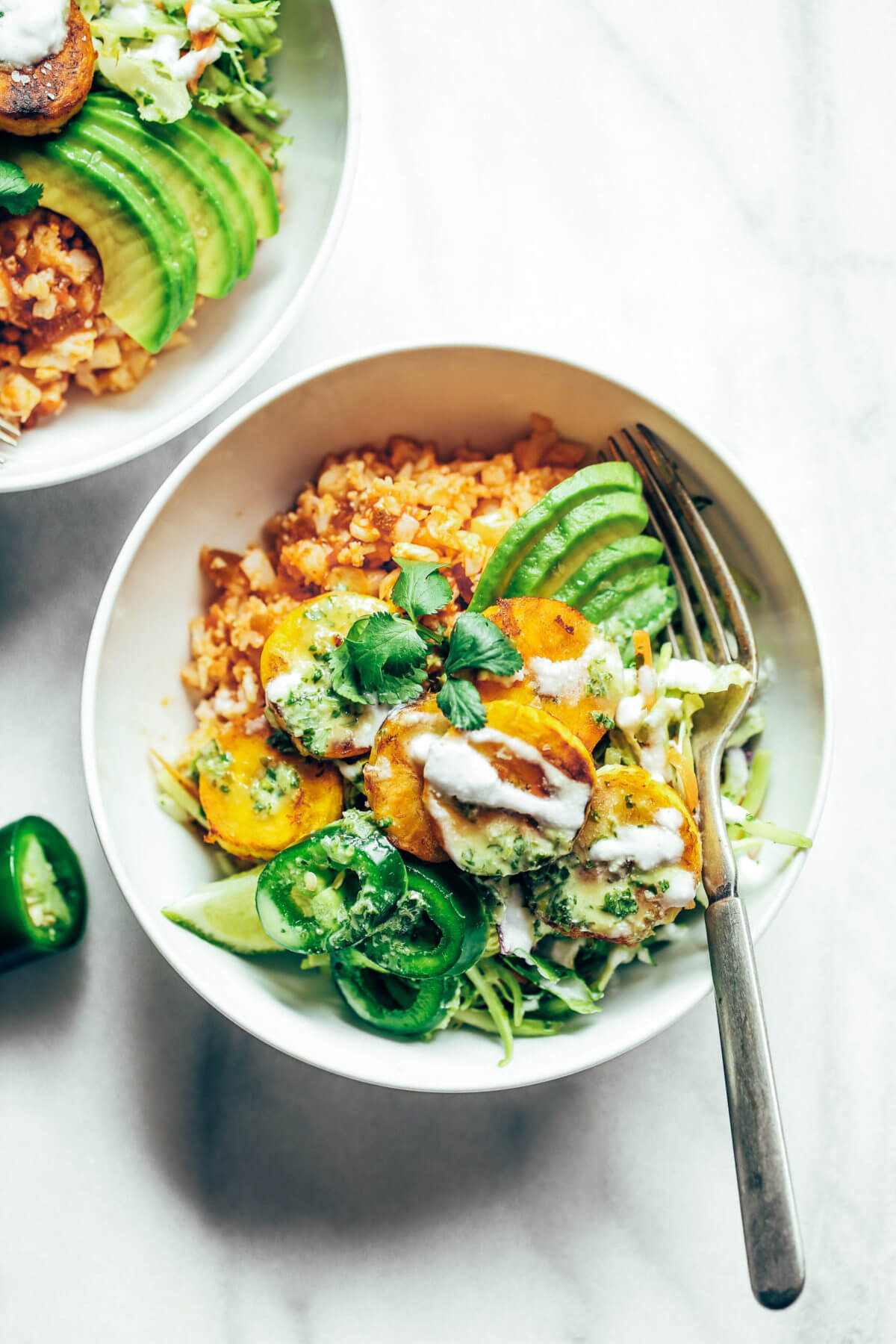 Spicy Cauliflower Rice Plantain Slaw Bowls - Paleo Gluten Free