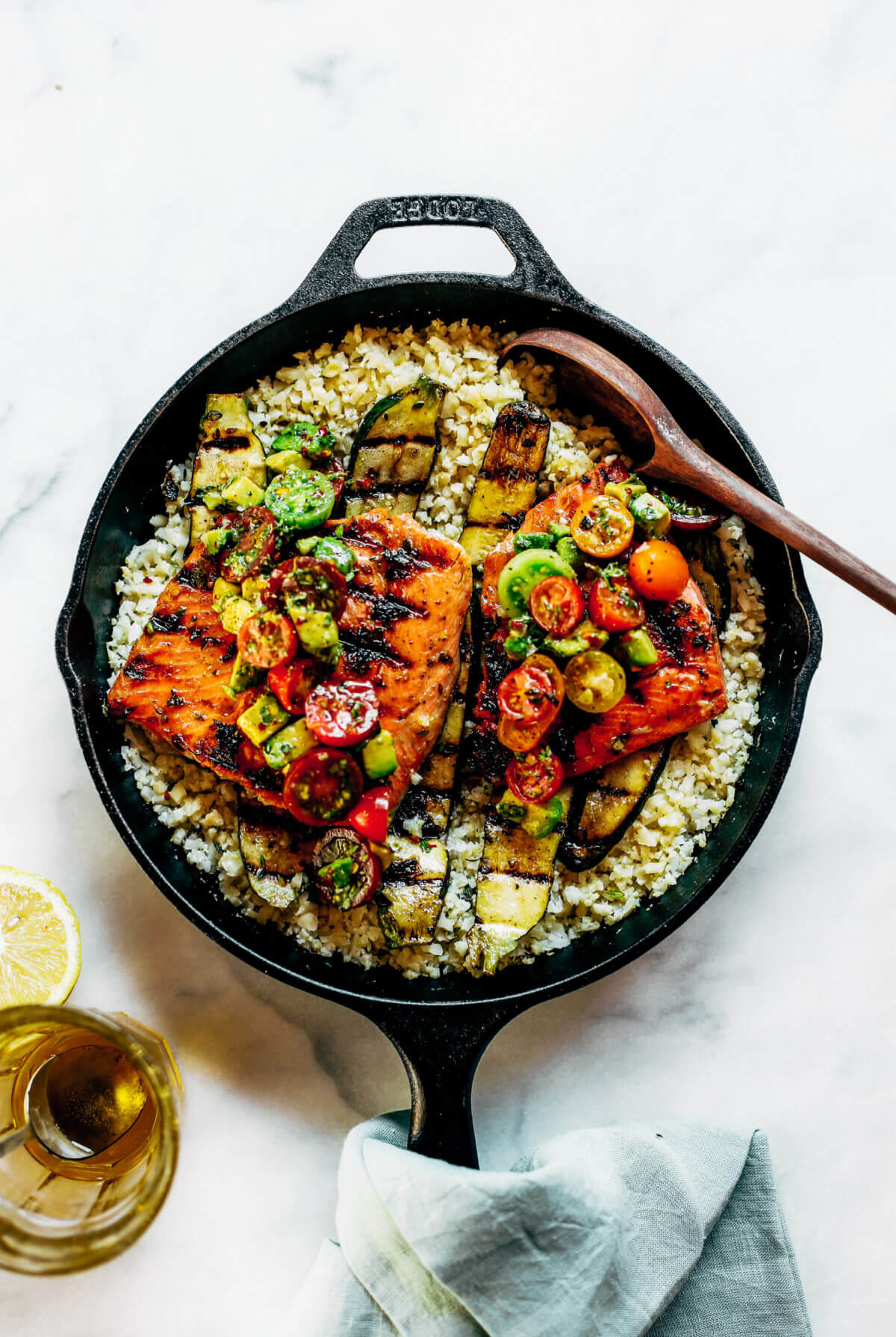Lemon Thyme Grilled Salmon Cauliflower Rice - Paleo Gluten Free