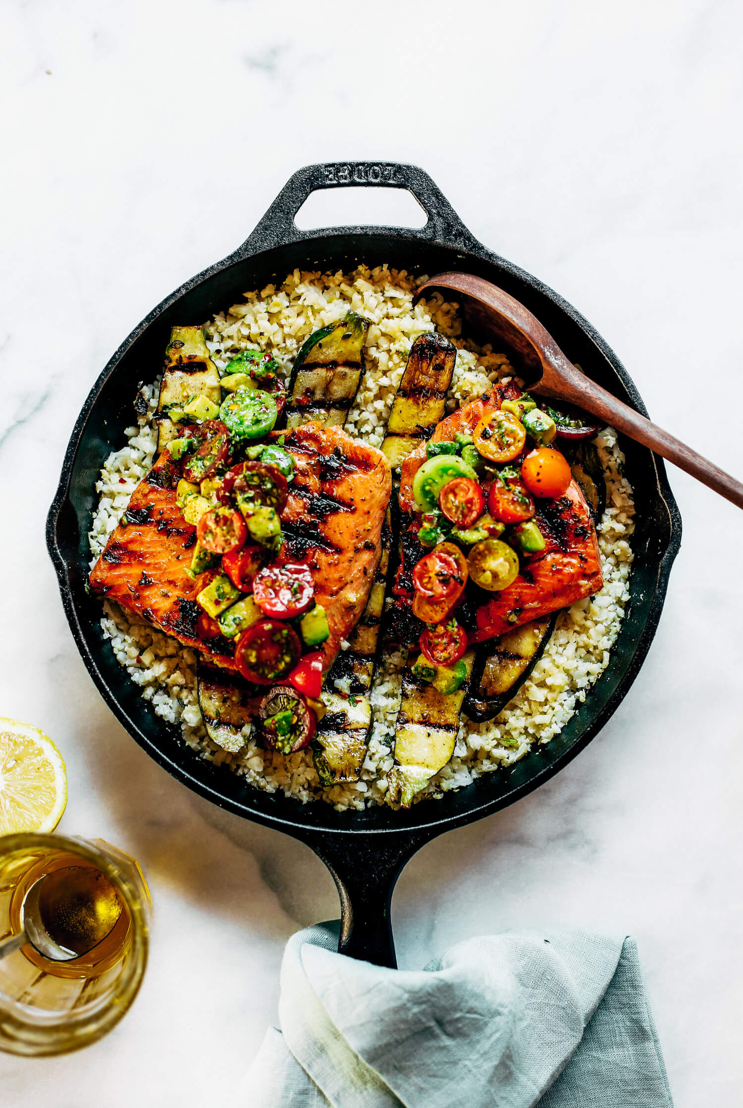 Lemon Thyme Grilled Salmon Cauliflower Rice - Paleo Gluten Free